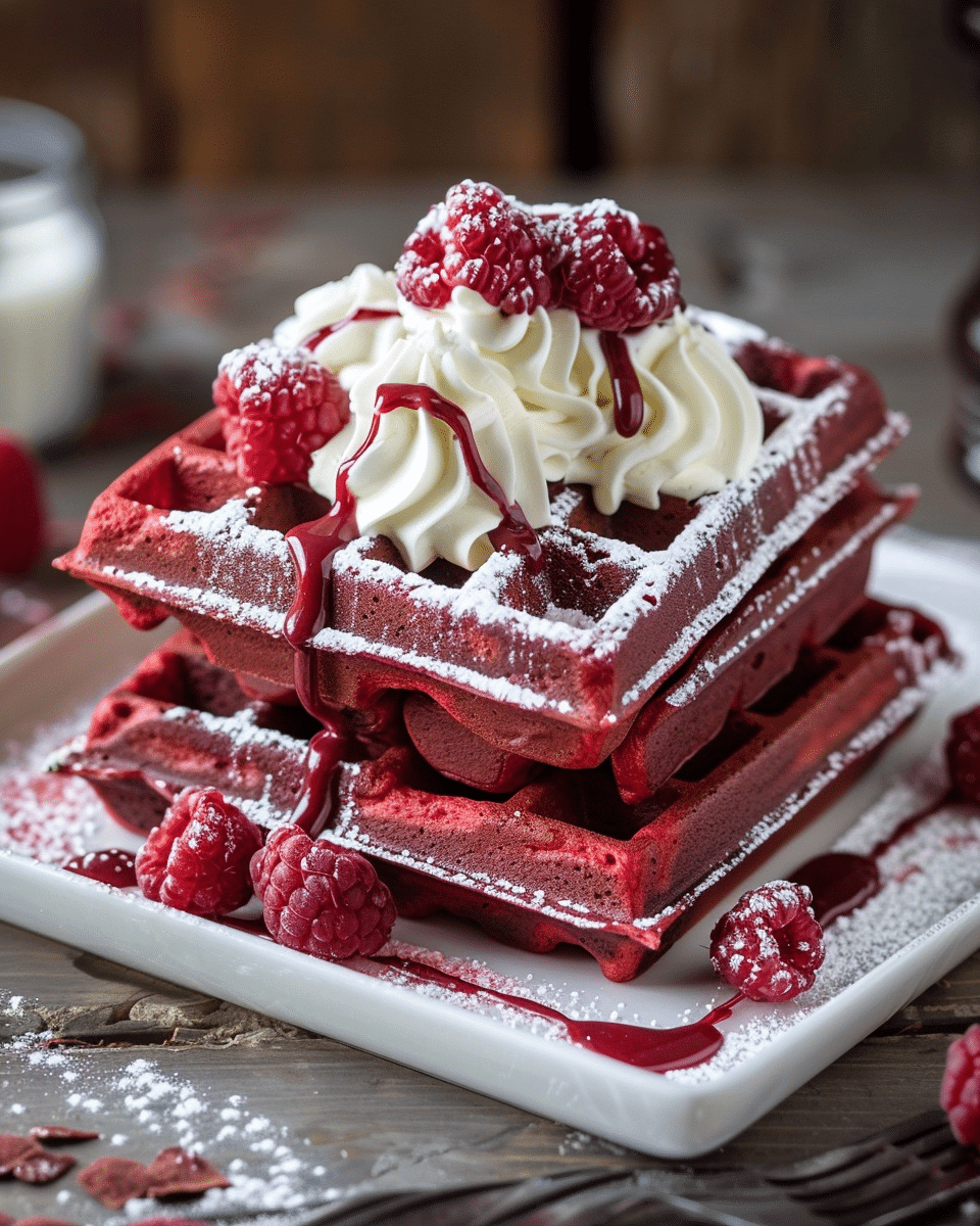 Red Velvet Waffles with Cream Cheese Drizzle | Yum Family Recipes