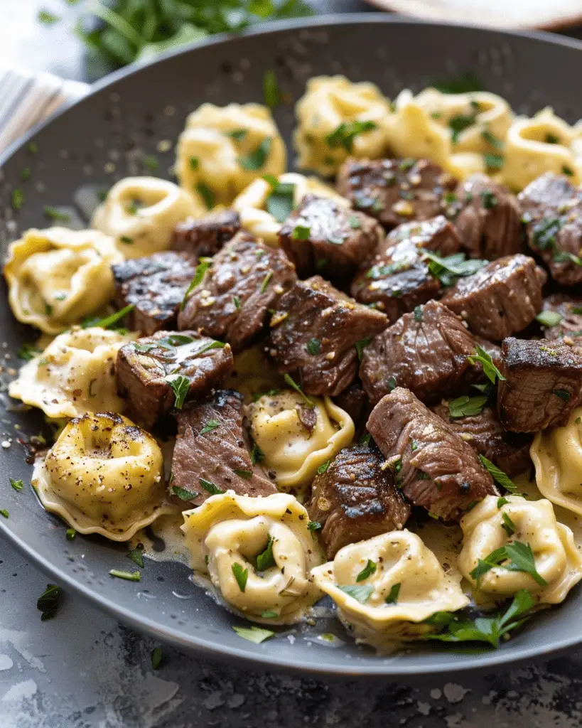 Garlic Butter Steak Bites & Creamy Alfredo Tortellini | Yum Family Recipes